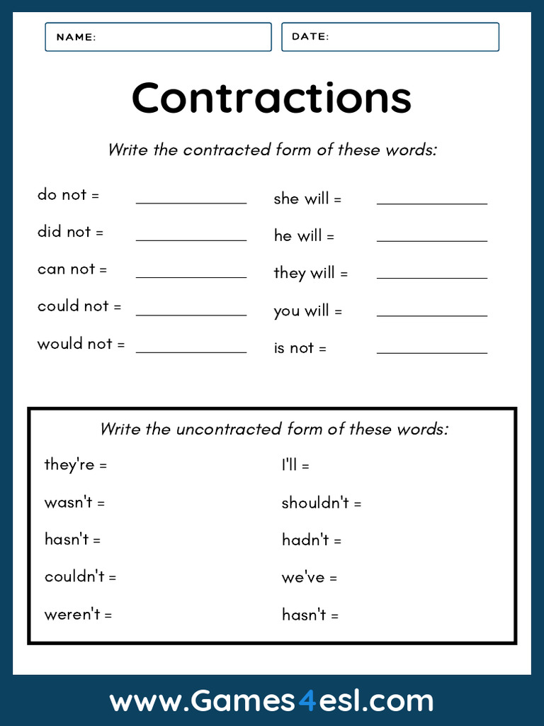 Contraction-Worksheets 1 (2) | PDF
