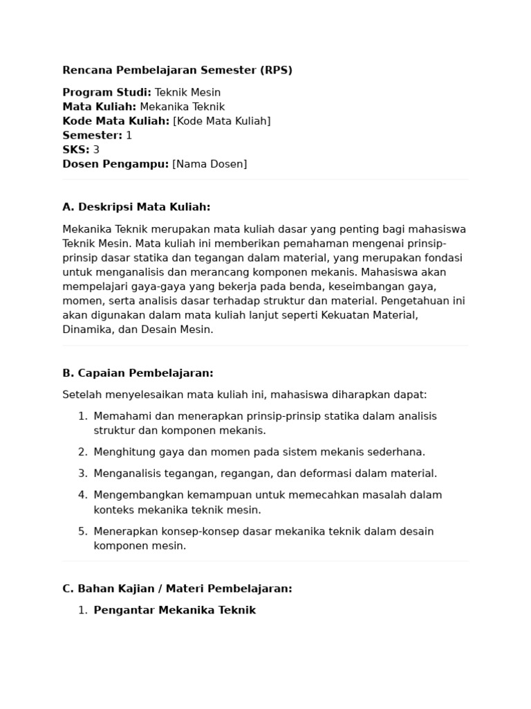 Bahan RPS Mekanika Teknik 1 | PDF