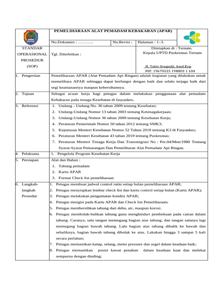 SOP Pemeliharaan APAR | PDF