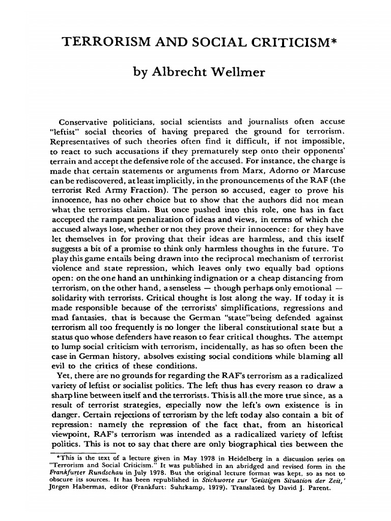 Albrecht Wellmer - Terrorism and Social Criticism | PDF