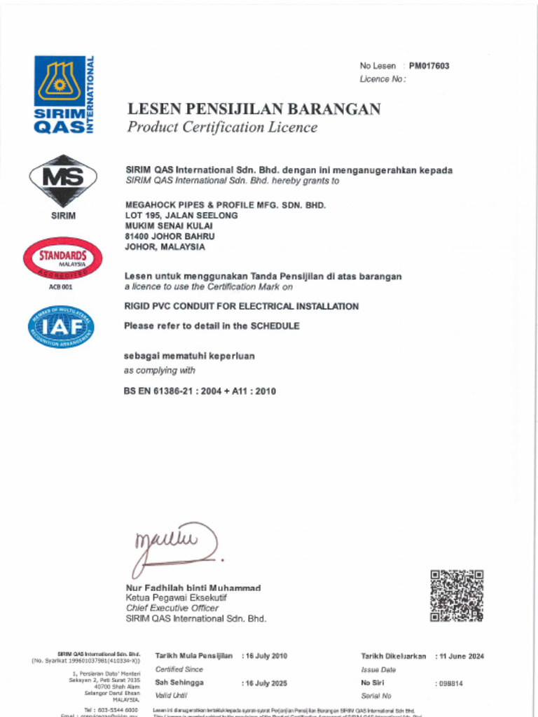 Megahock SUPER A uPVC CONDUIT SIRIM CERT | PDF