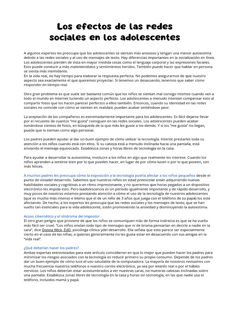 Los Efectos de Las Redes Sociales en Los Adolescentes | PDF