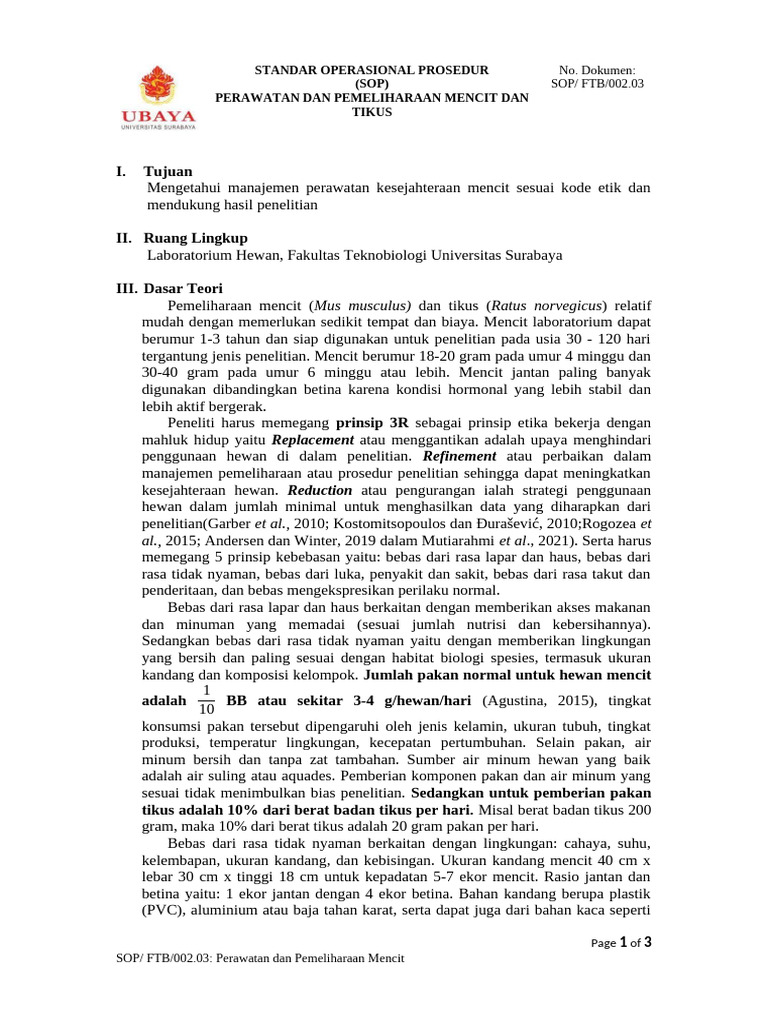 SOP Perawatan Mencit (Pemberian Pakan, Pembersihan Kandang, Cek ...
