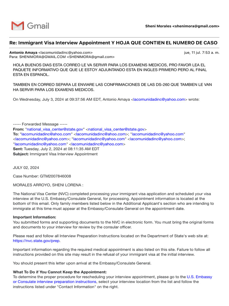 Re Immigrant Visa Interview Appointment y Hoja Que Contien El Numero de ...