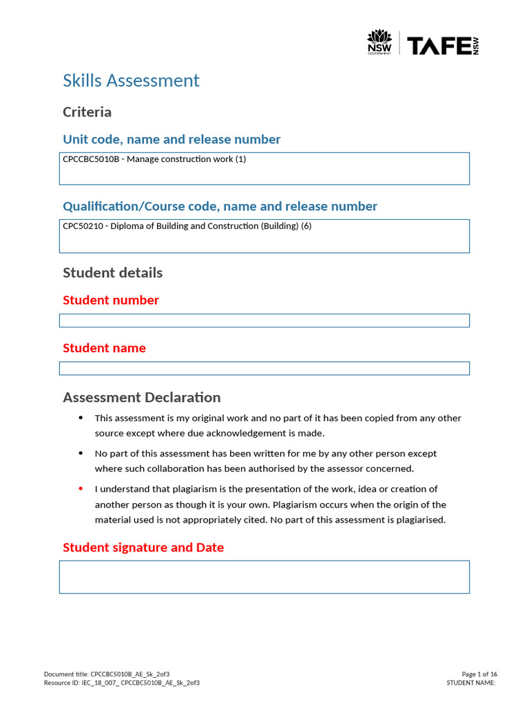 Manage Construction Work - Skills Assessment | PDF | Occupational ...