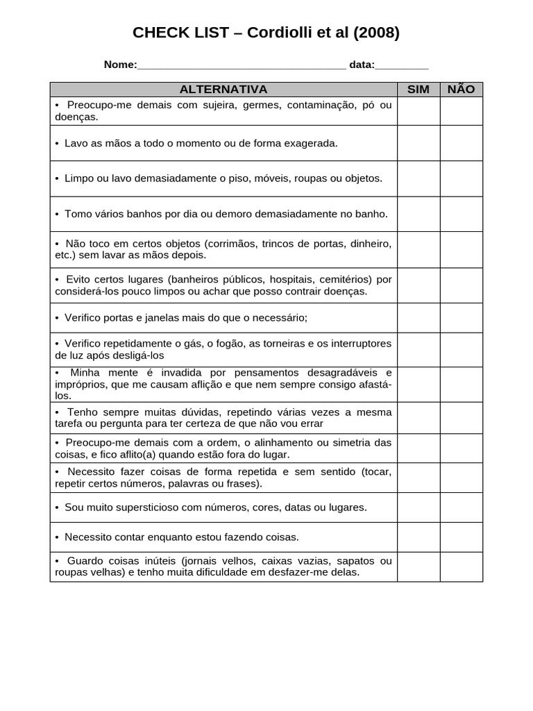 Avalia Sintomas de TOC - CHECK LIST TOC | PDF