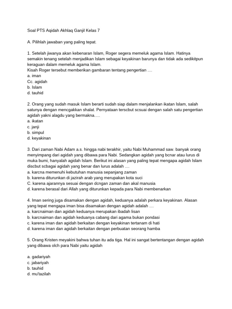 Soal PTS Ganjil Kelas & Aqidah 2024 | PDF