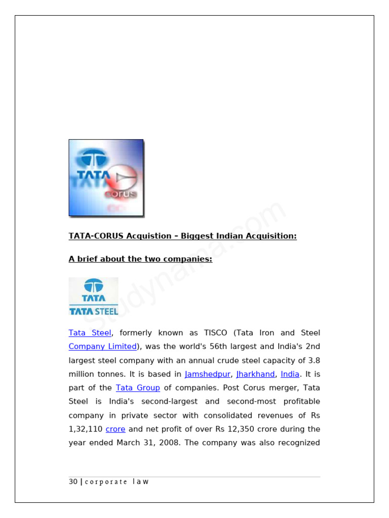 Analysis of M&A of Tata-Corus - Corporate Law Project Report - 1 | PDF | Steel | Business