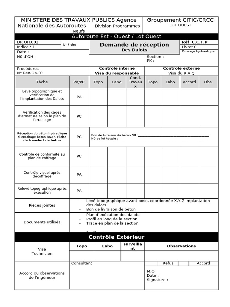 Fiche Reception Dalot | PDF