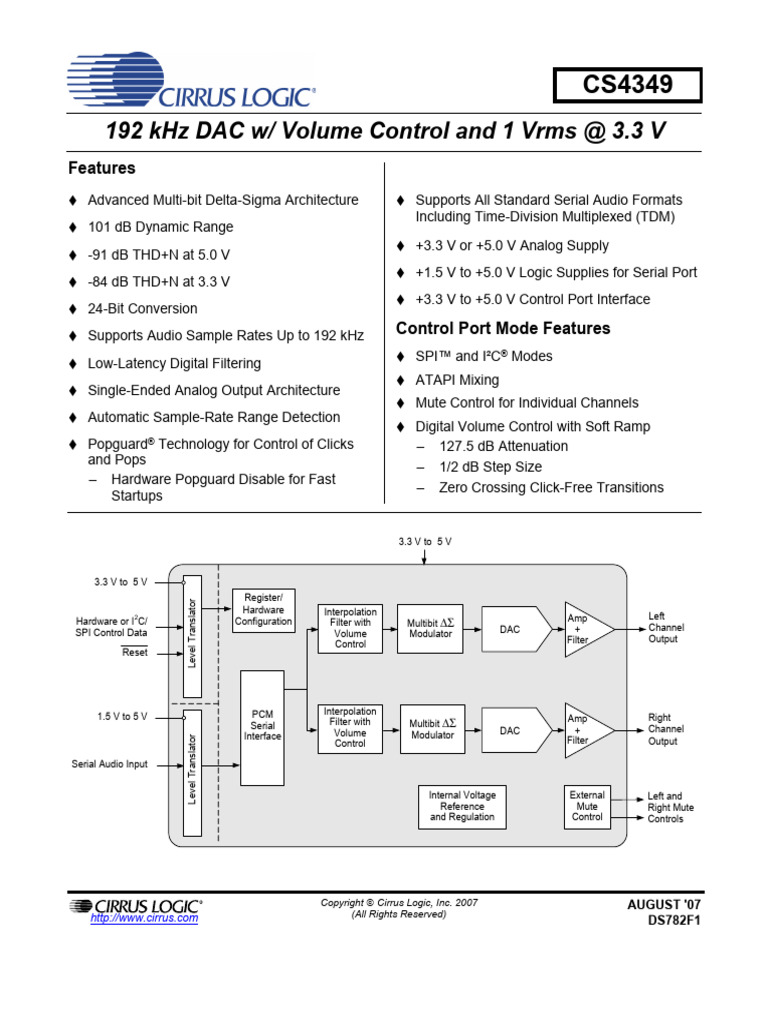 192 KHZ Dac W/ Volume Control and 1 Vrms at 3.3 V: Features | PDF