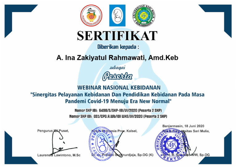 E-Sertifikat A. Ina Zakiyatul Rahmawati, Amd - Keb | PDF