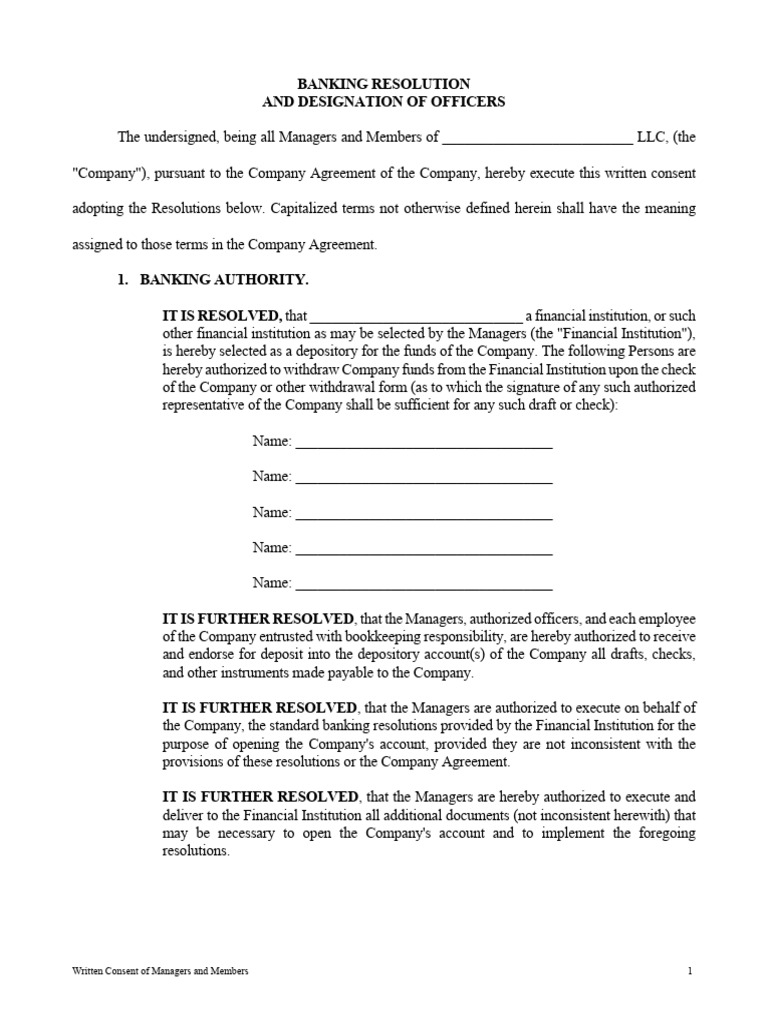 LLC - Banking Resolution and Designation of Officers | PDF