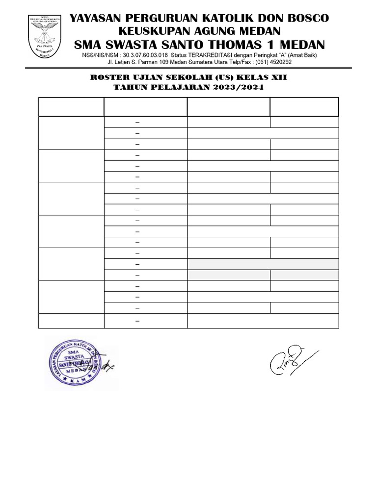 Roster Ujian Sekolah | PDF