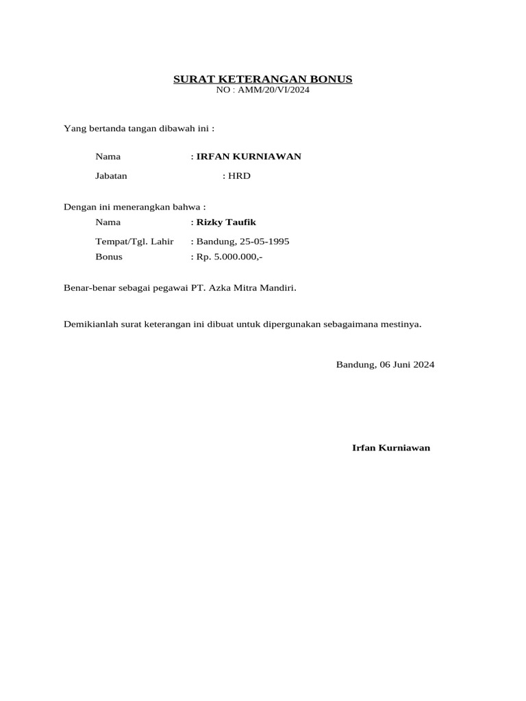 Surat Keterangan Bonus | PDF