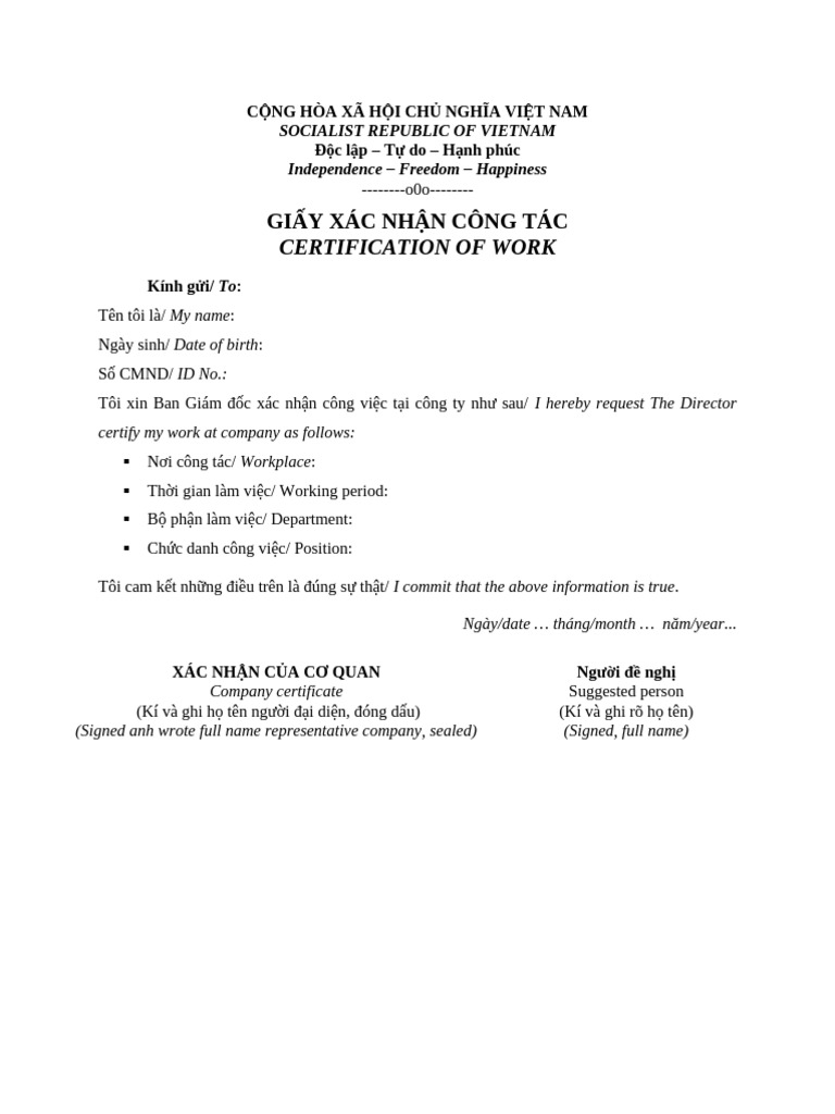 Mau Giay Xac Nhan Cong Tac Song Ngu | PDF