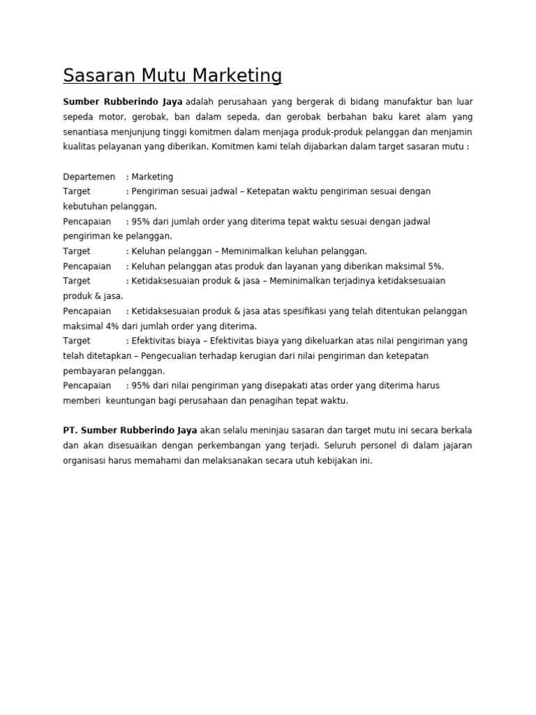 Sasaran Mutu Marketing Versi Pabrikan | PDF