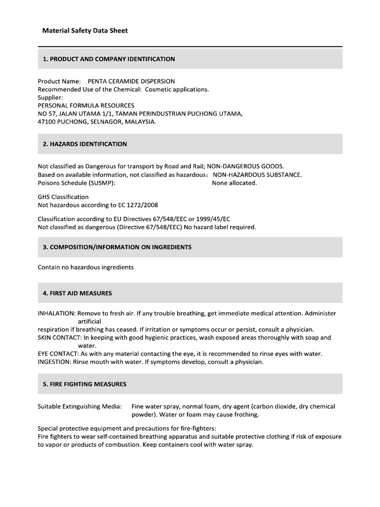 Penta Ceramide Dispersion Msds | PDF