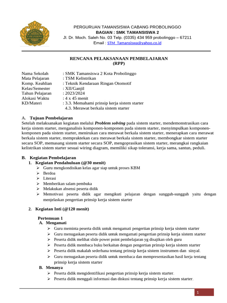 RPP Prinsip Kerja Sistem Starter | PDF