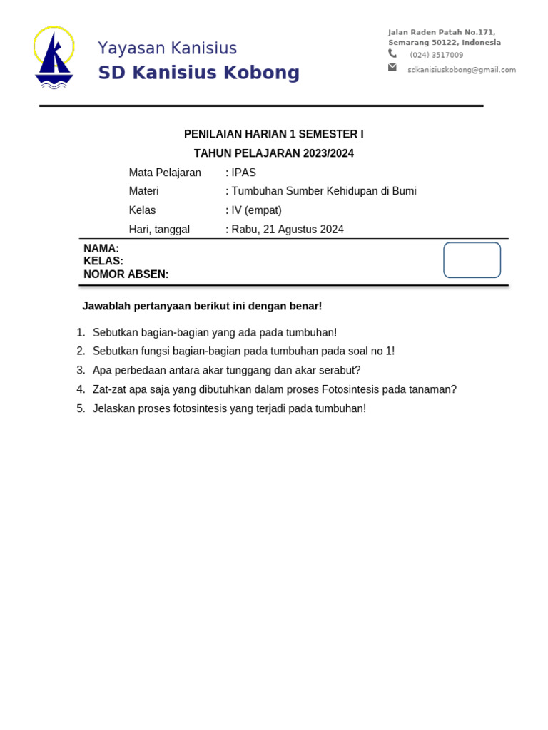 Soal PH 1 IPAS Kelas IV Semester 1 | PDF