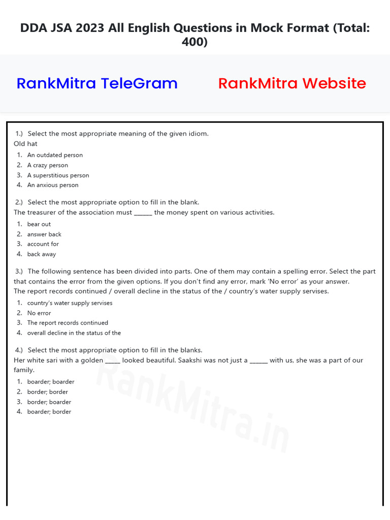 DDA JSA 2023 All English Questions in Mock Format | PDF