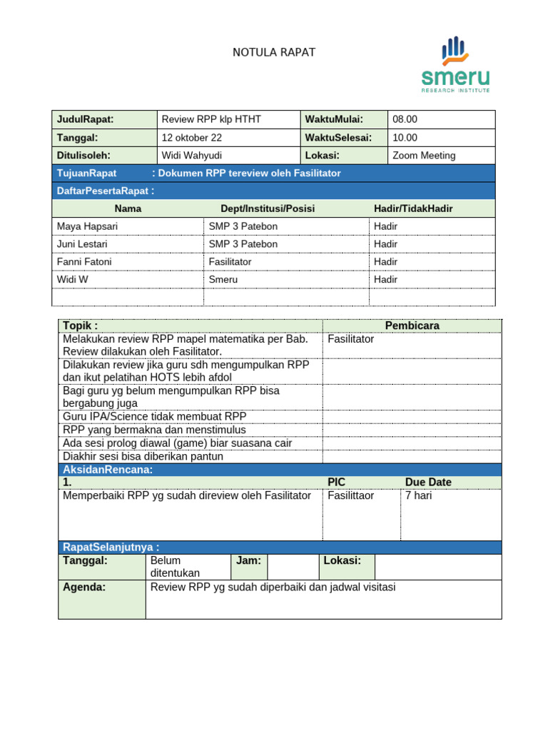 Notulen Zoom Meeting Ke 1 Kendal | PDF