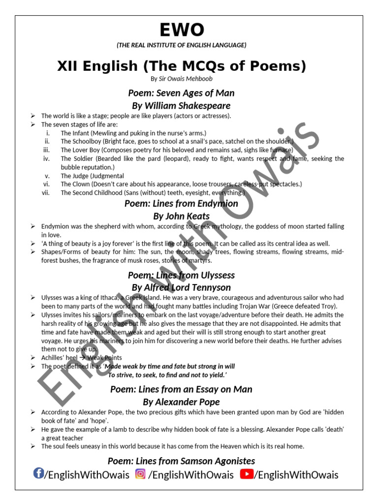 XII English Poems MCQs by Owais Mehboob | PDF