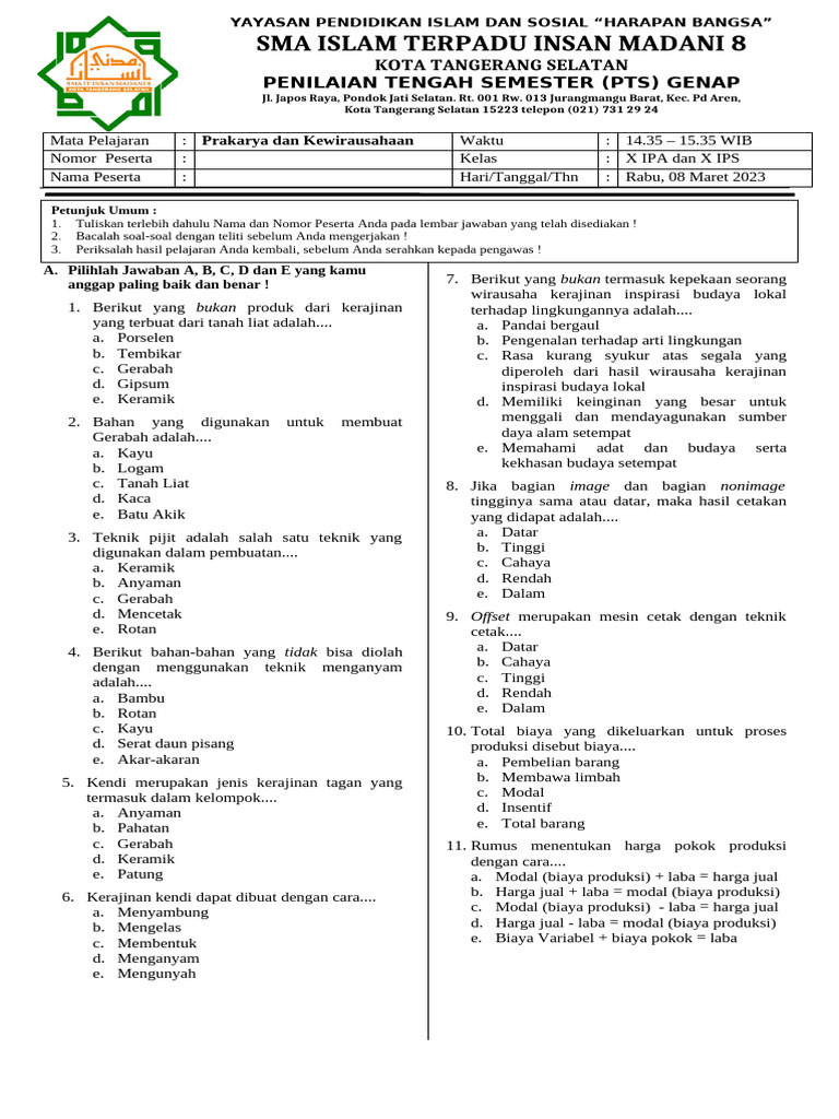 Soal PTS PKWU Kelas X | PDF