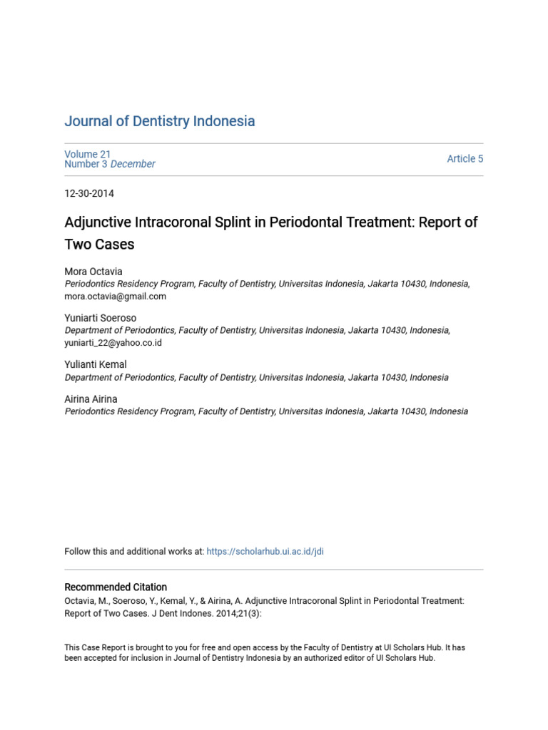 Adjunctive Intracoronal Splint in Periodontal Treatment - Report o | PDF
