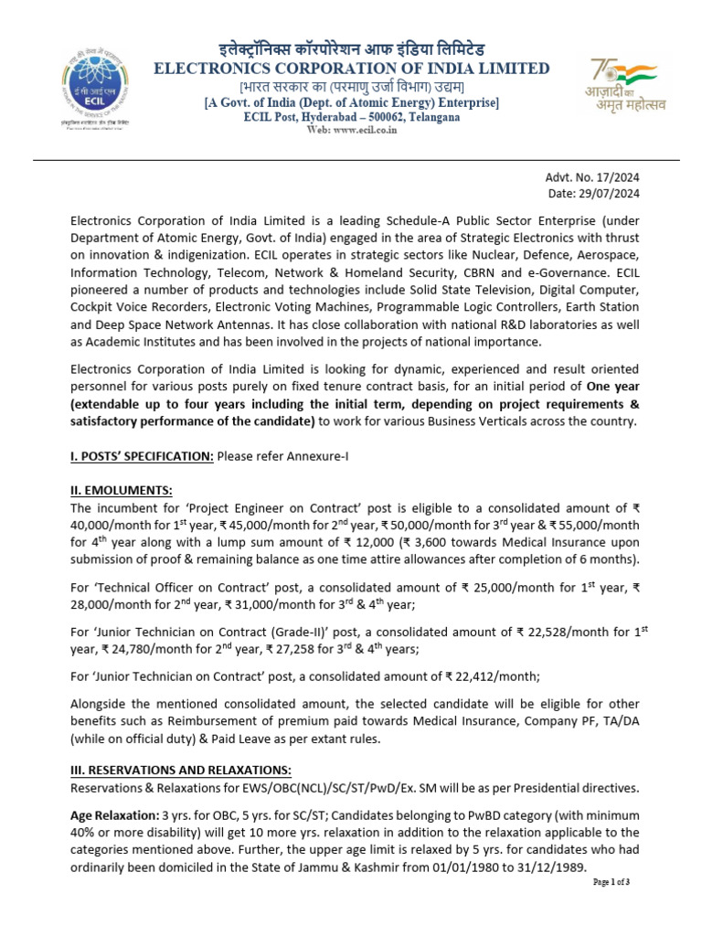 ECIL Engineers Officers Technician Recruitment 2024 Notification | PDF
