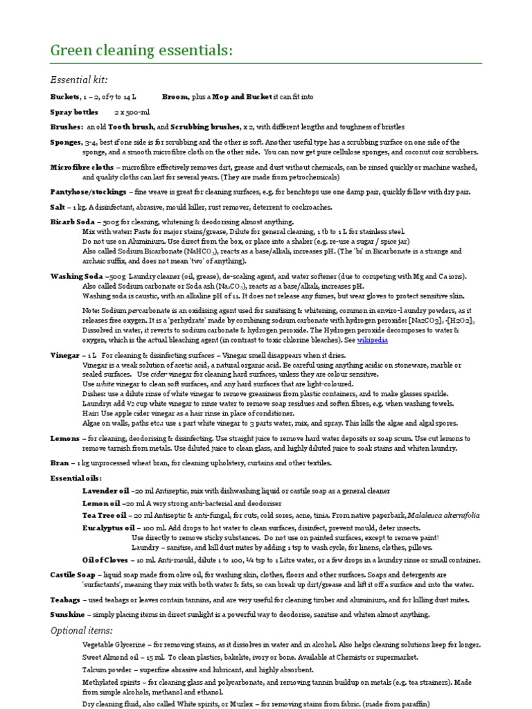 Green Cleaning Essentials | PDF | Sodium Bicarbonate | Sodium Carbonate