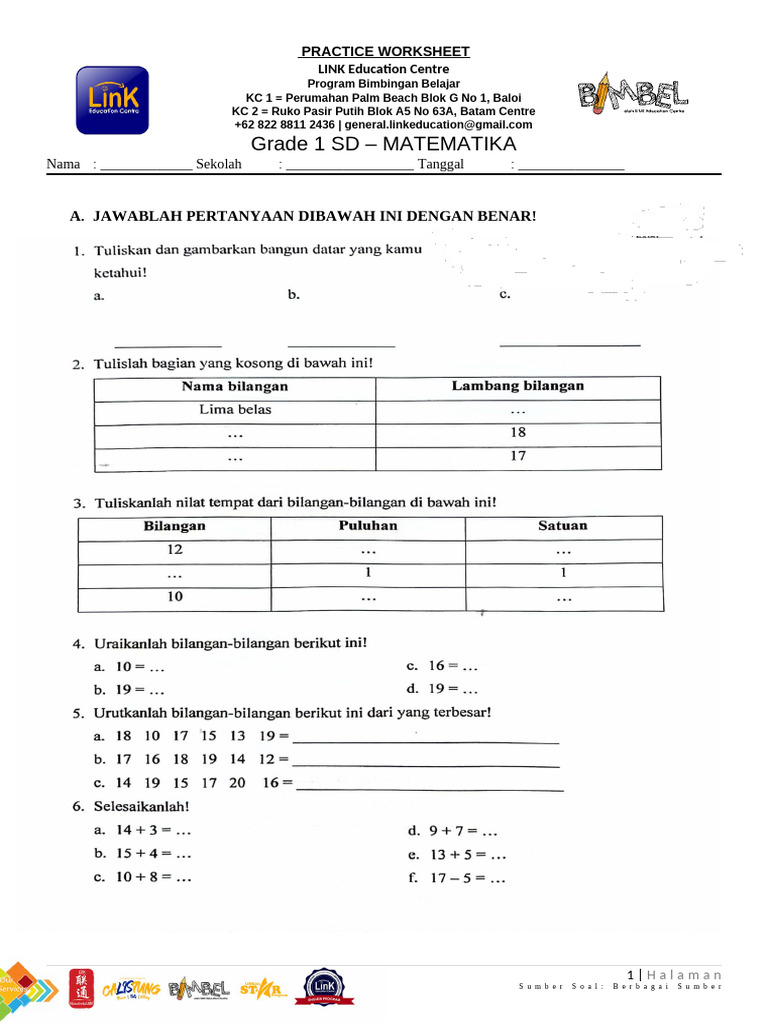 Practice Worksheet Grade 1 SD - MTK 2 2024 (SMT 2 CALLAN) | PDF