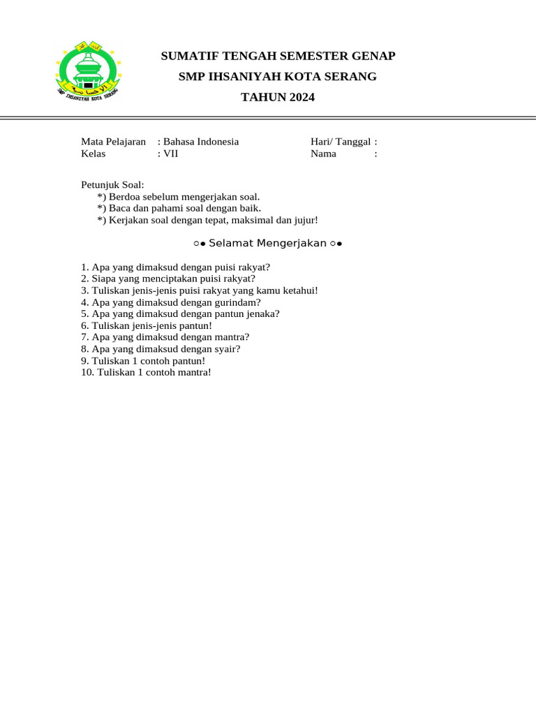 Kumpulan Soal PTS SMP 2024 | PDF