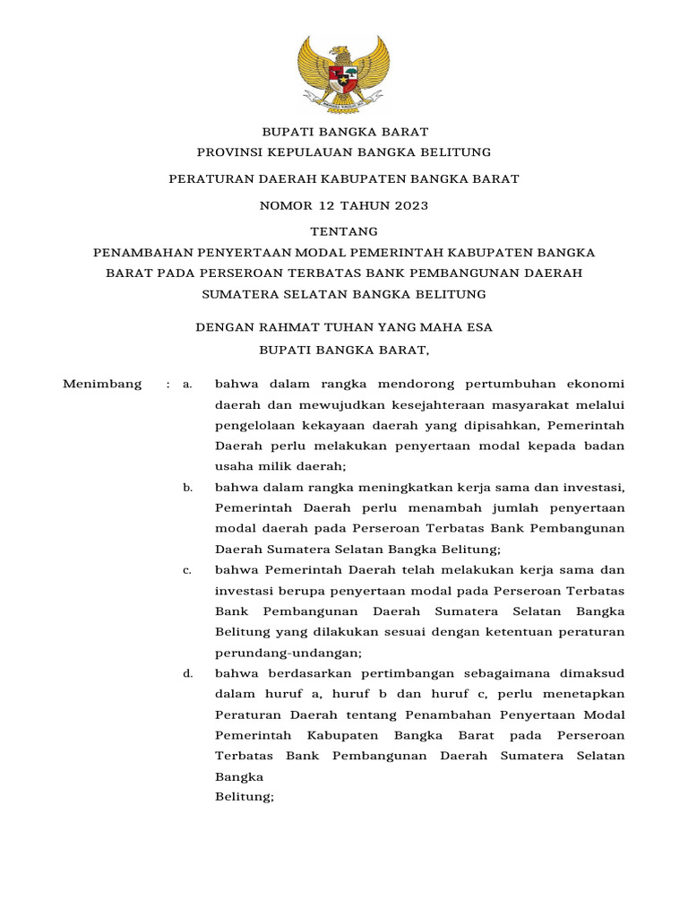 PERDA Nomor 12 Tahun 2023 Penambahan Penyertaan Modal BPD SUMSEL BABEL | PDF