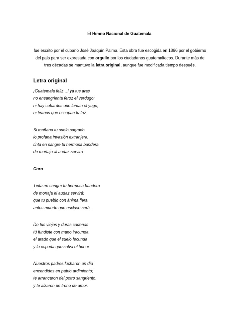 Letra Original del Himno Nacional de Guatemala | PDF
