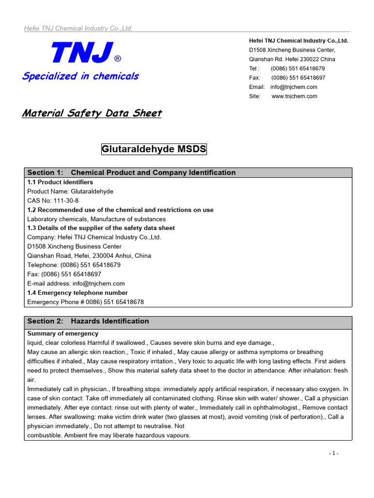 Update MSDS Glutaraldehyde TNJ | PDF