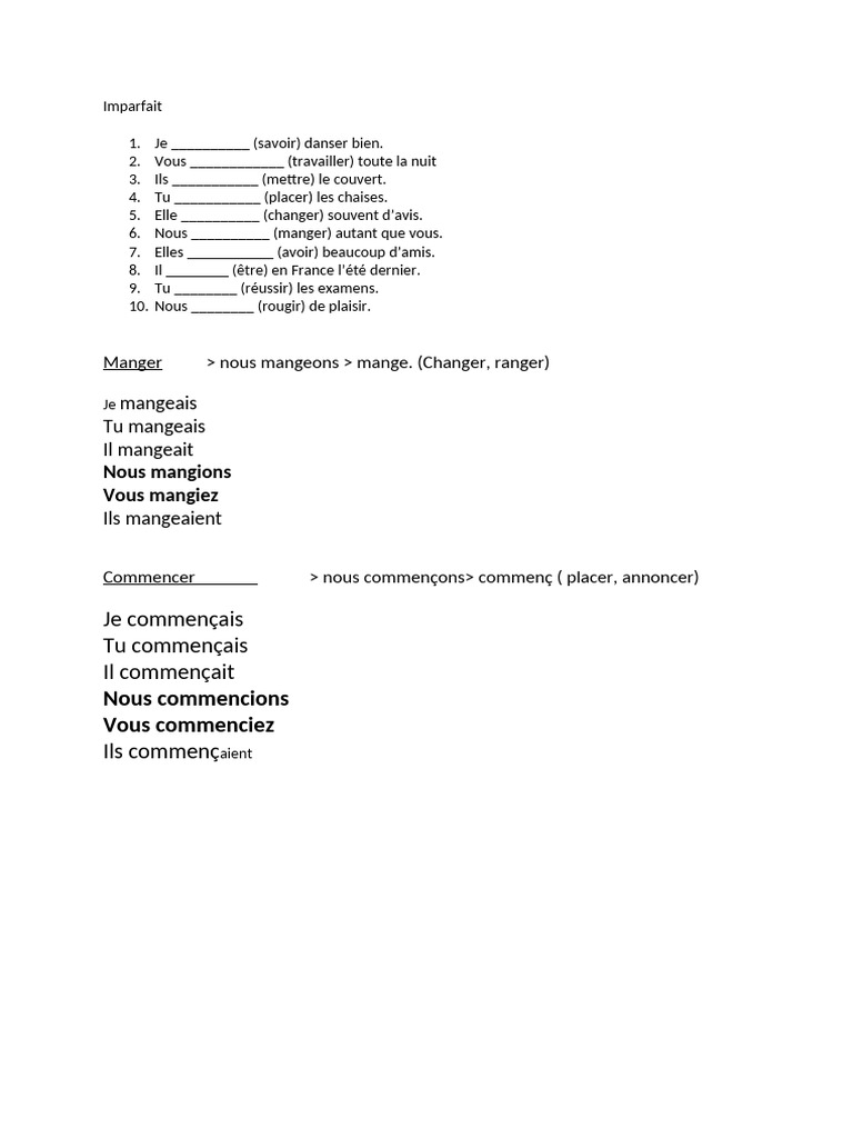 Imparfait Exercise | PDF