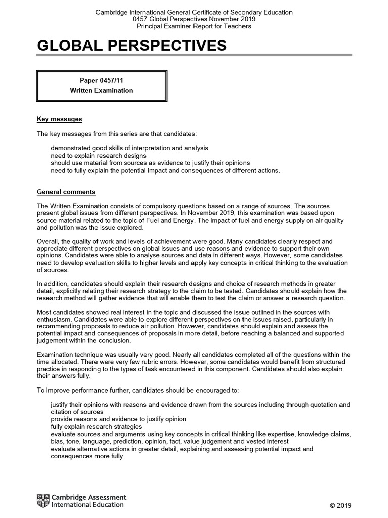 Global Perspectives: Paper 0457/11 Written Examination | PDF