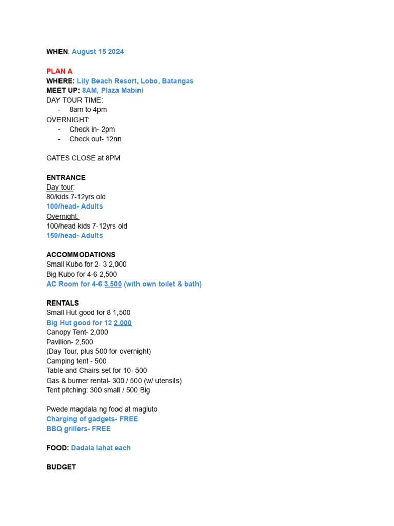 Outing Plan 2024 | PDF