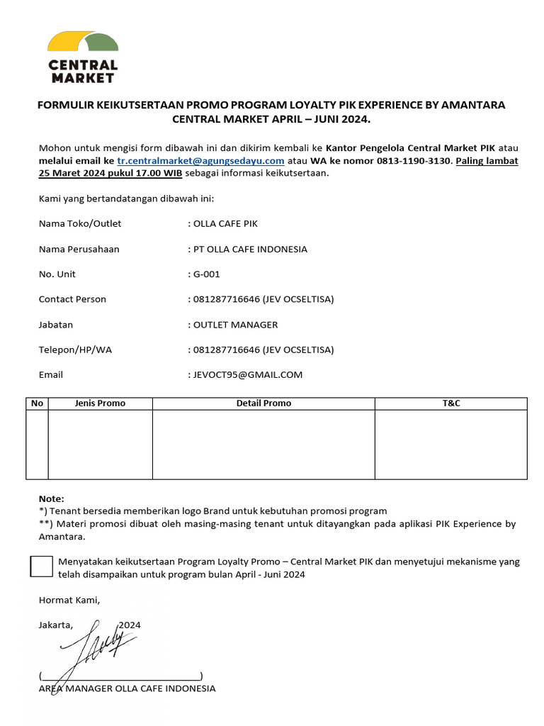 Form Keikutsertaan Promo PIK EX | PDF