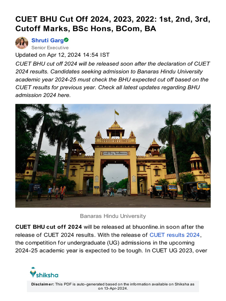 Cuet Bhu Cut Off 2024, 2023, 2022: 1St, 2Nd, 3Rd, Cutoff Marks, BSC Hons, Bcom, Ba | PDF