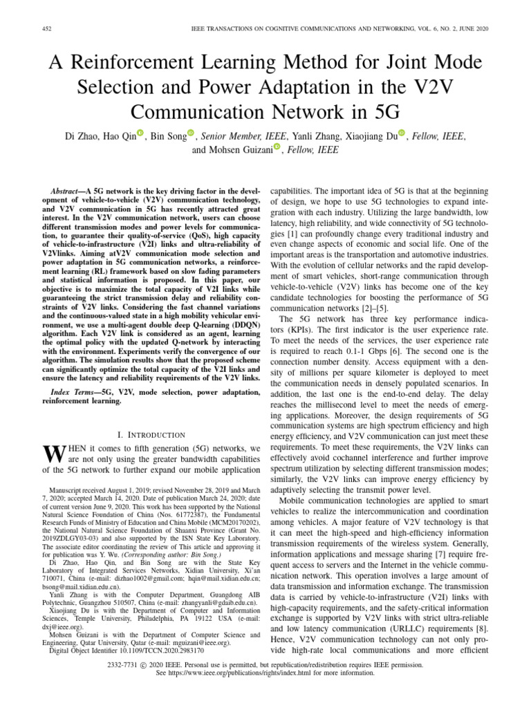 A Reinforcement Learning Method For Joint Mode Selection And Power Adaptation In The V2v