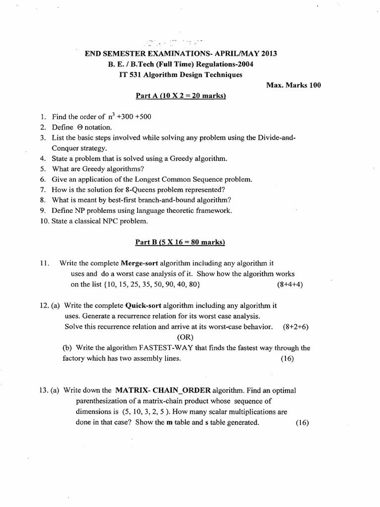 Algorithm Design Techniques Exam 2013 | PDF