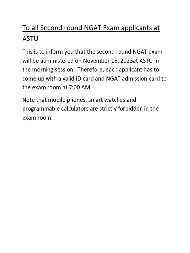 To All Second Round NGAT Exam Applicants at ASTU | PDF