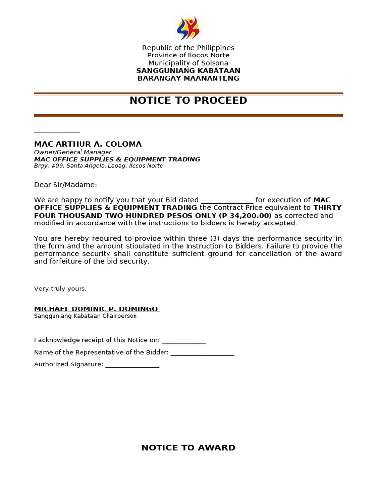 Notice to Proceed for Office Supplies Contract | PDF