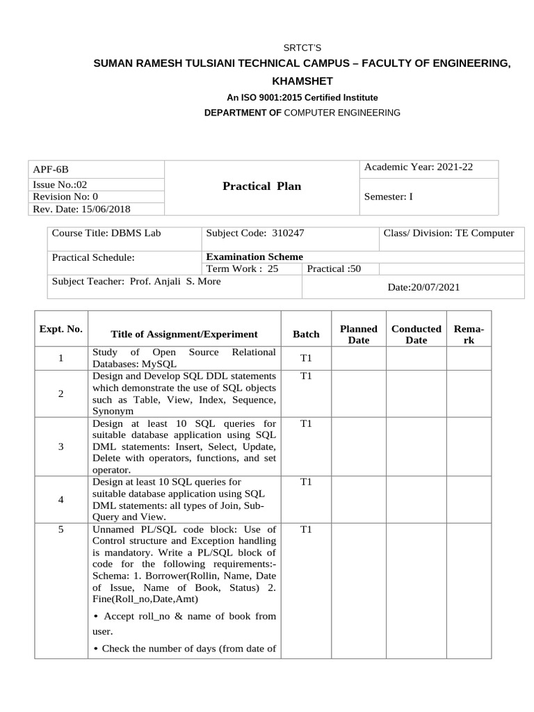 DBMS-Practical Plan | PDF