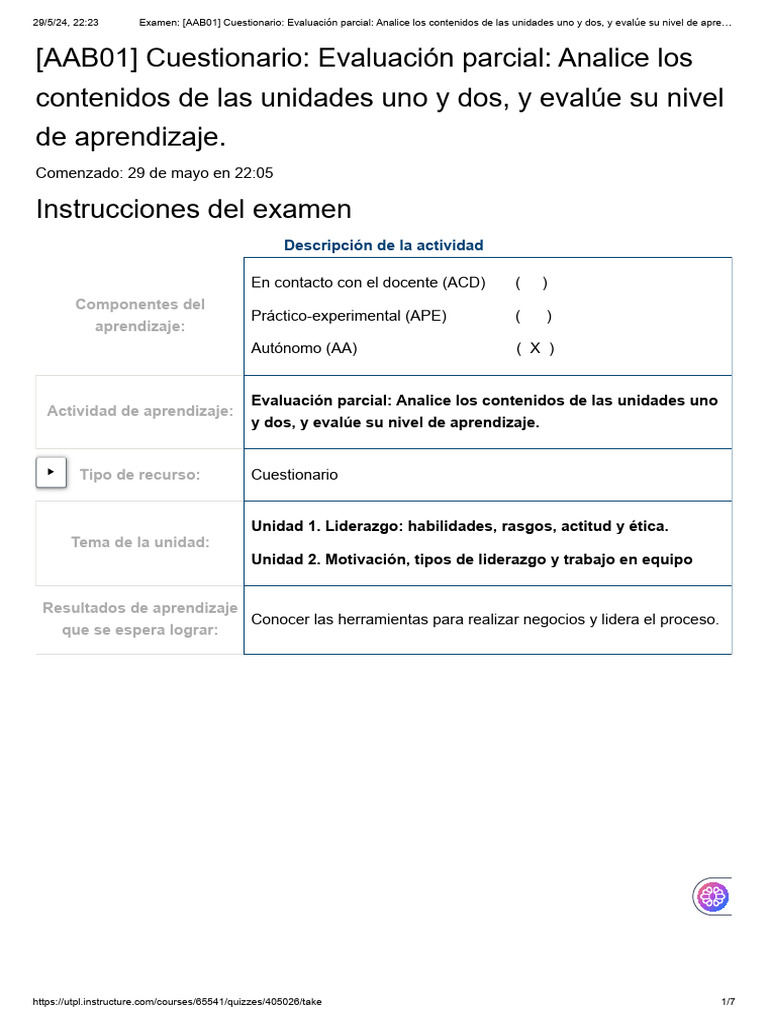 Examen - (AAB01) Cuestionario - Evaluación Parcial - Analice Los ...