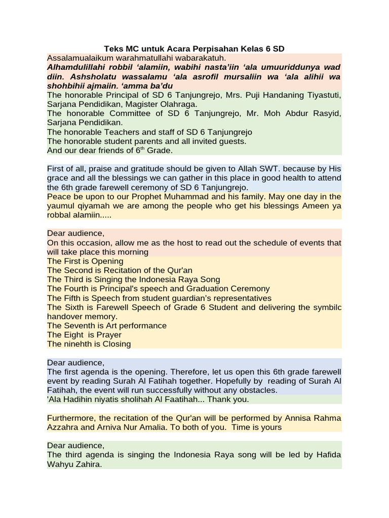 Teks MC Bahasa Inggris Perpisahan SD 6 REVISI | PDF