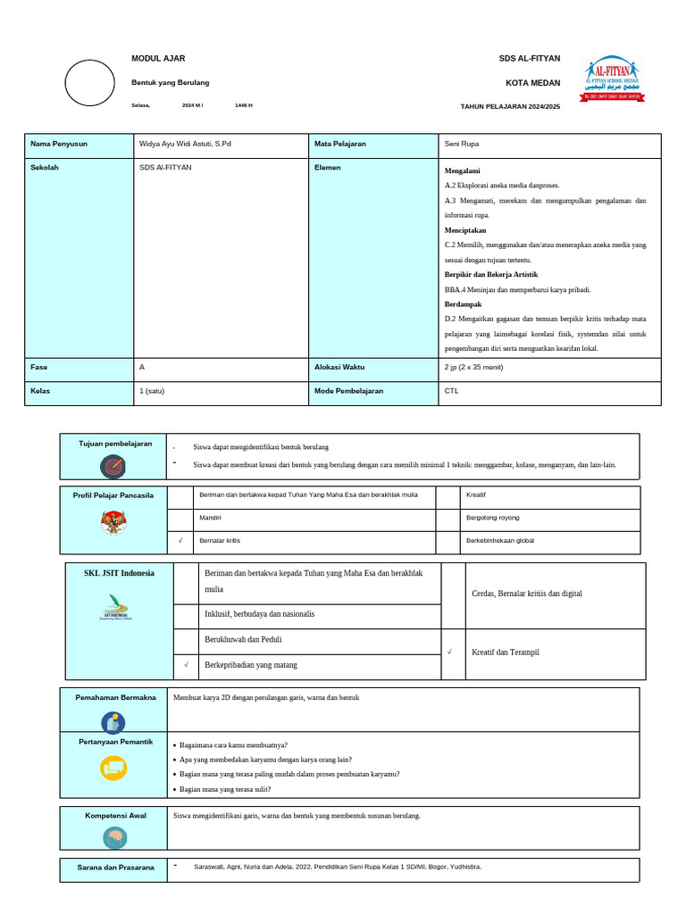 Modul Ajar Seni Rupa Kelas 1 Bentuk Yang Berulang | PDF