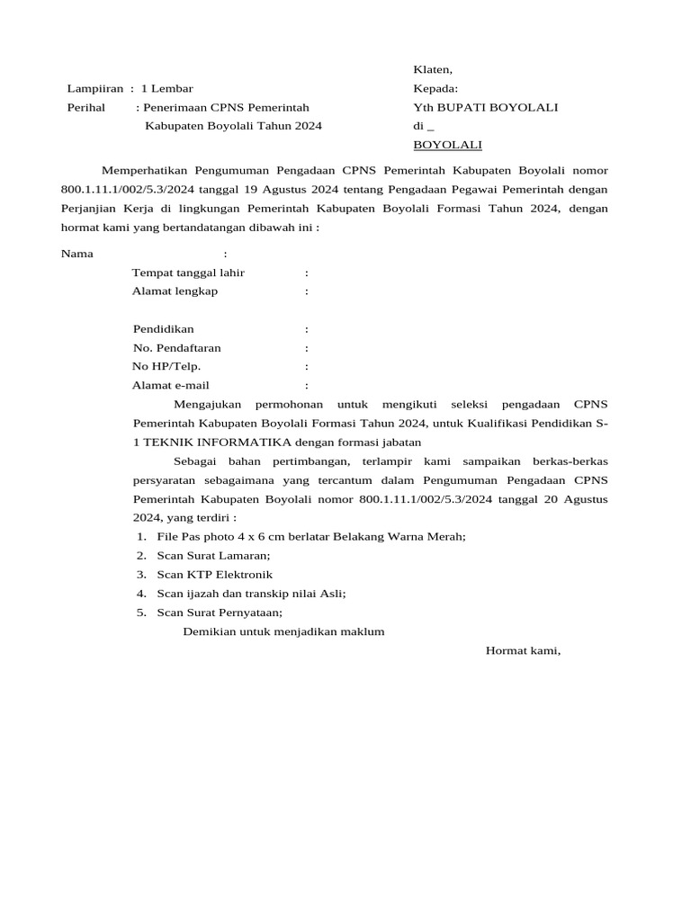 Surat Lamaran Boyolali | PDF