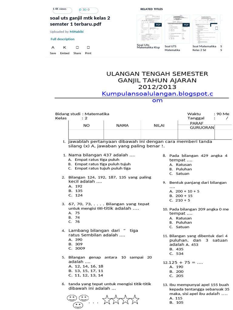 PDF Soal Uts Ganjil MTK Kelas 2 Semster 1 Terbarupdf | PDF